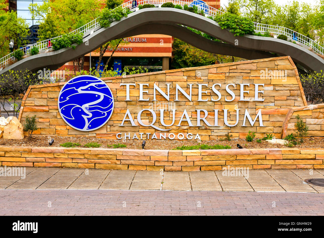 The welcome sign outside the Tennessee Aquarium building in Chattanooga ...