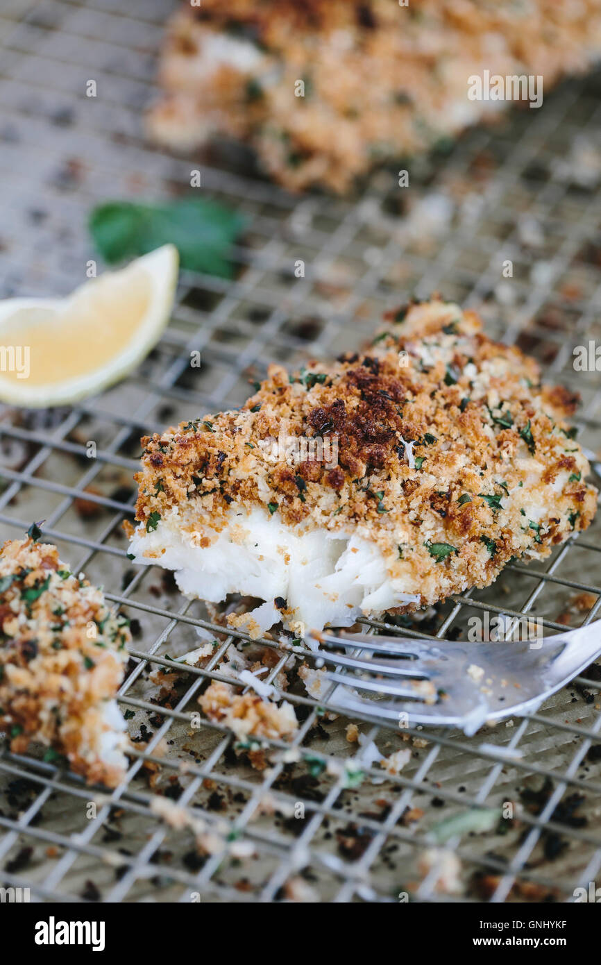 A piece of oven-fried and half eaten cod is photographed from the front ...