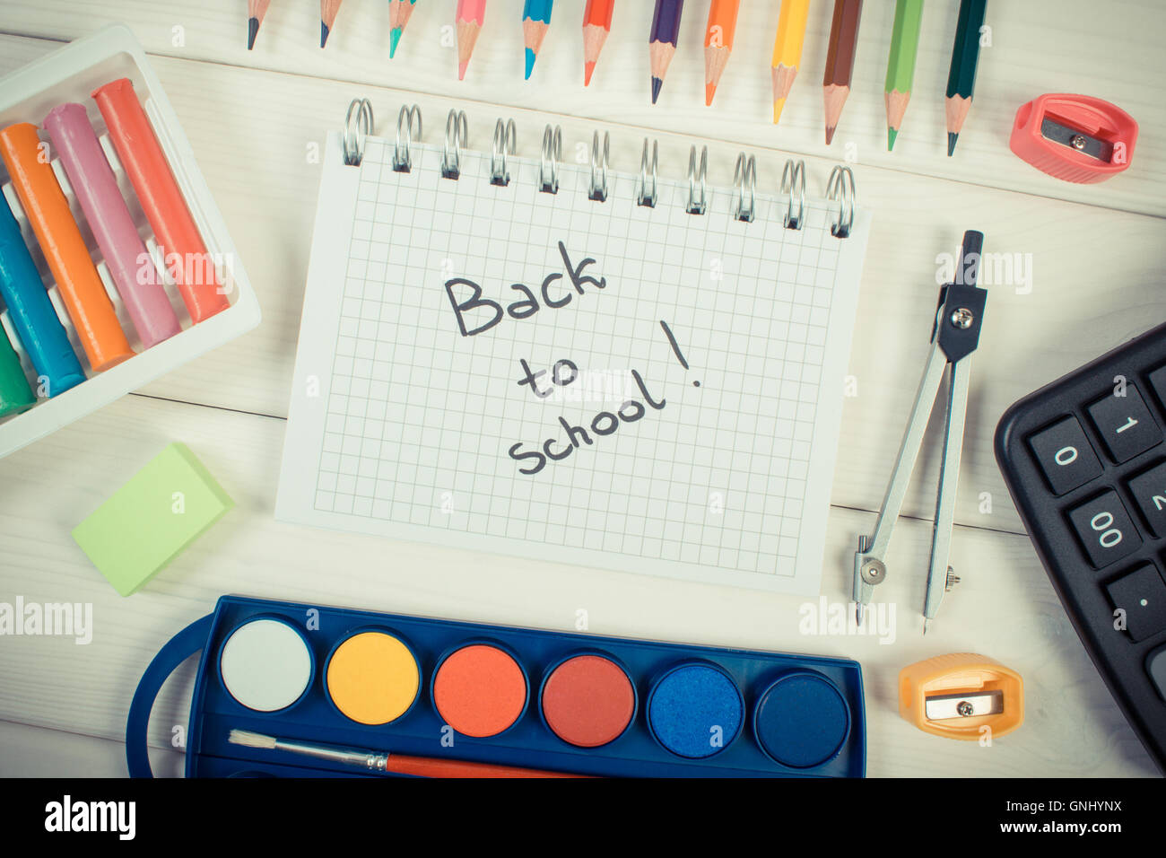 Vintage photo, Office accessories on white boards, inscription back to ...