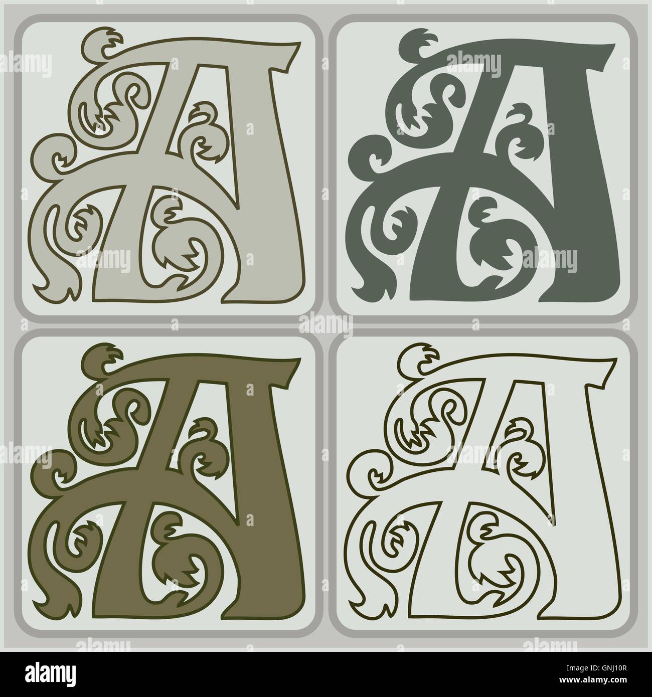 'A' initial in four variants. Art Nouveau style letter design for ...