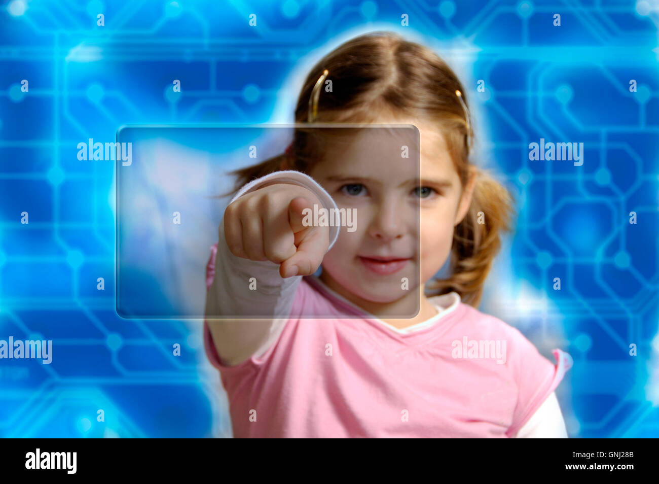 girl pointing a finger to a blank screen - future generations and ...