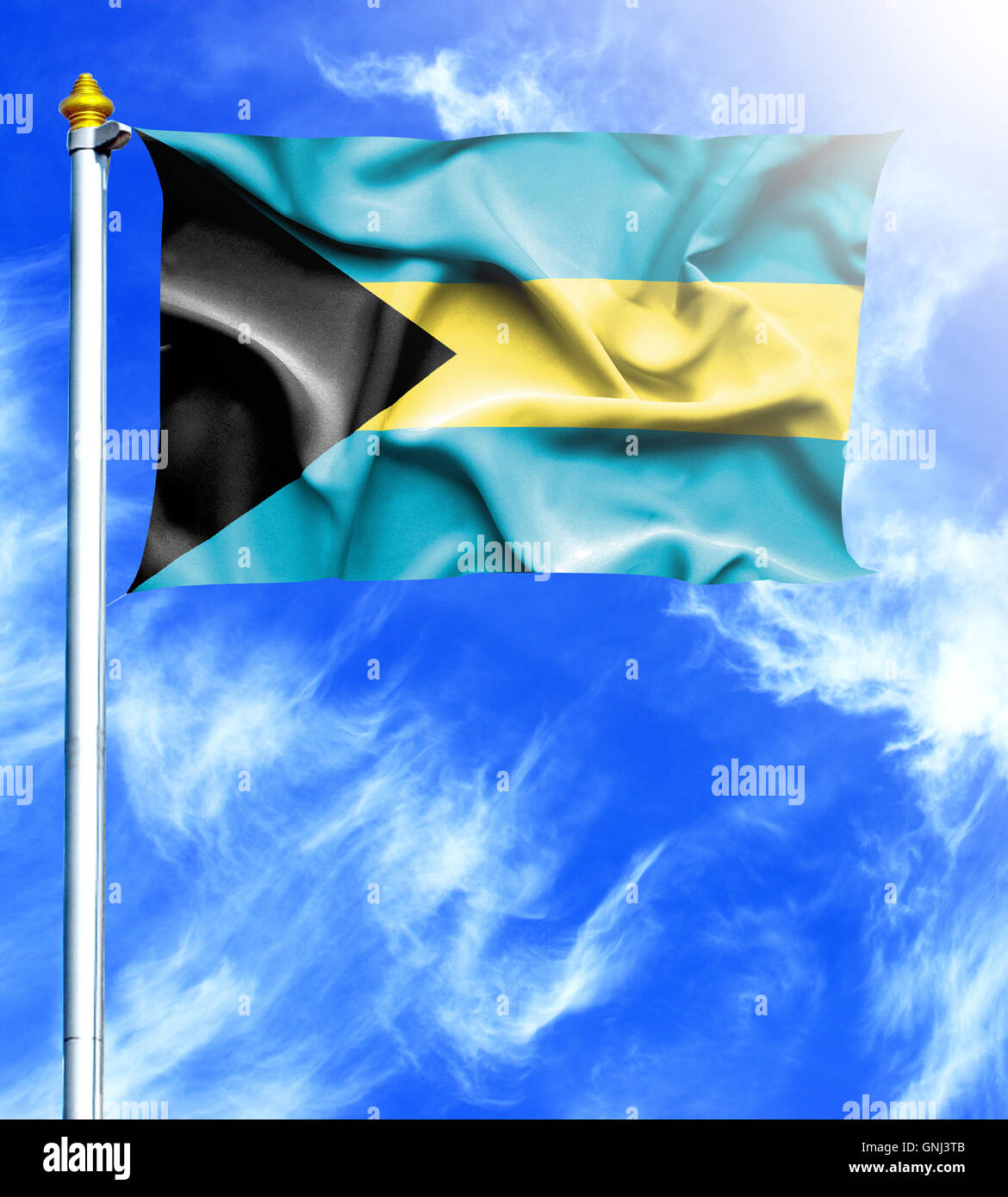 Blue sky and mast with hanged waving flag of Bahamas Stock Photo - Alamy