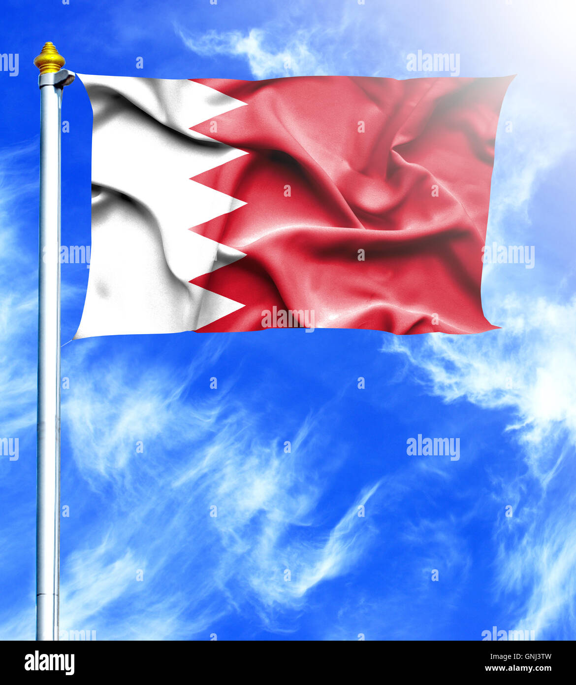 Blue sky and mast with hanged waving flag of Bahrain Stock Photo - Alamy
