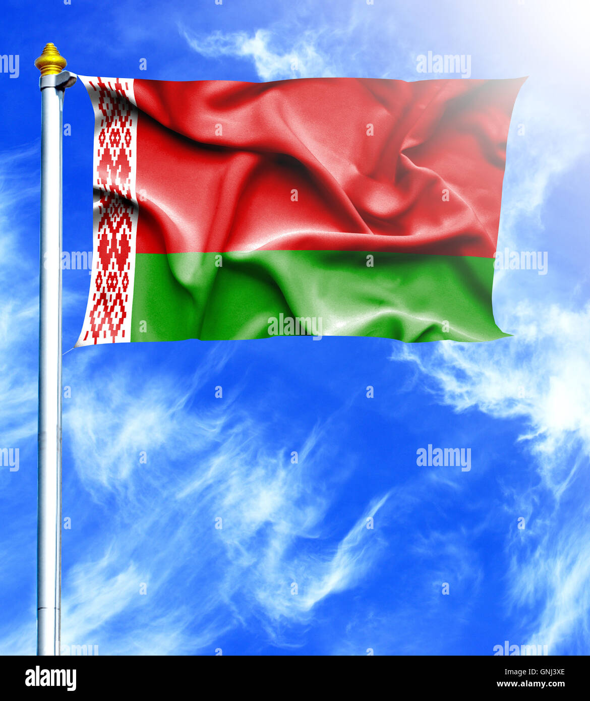 Blue sky and mast with hanged waving flag of Belarus Stock Photo - Alamy