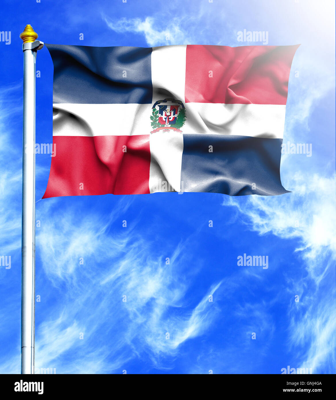Blue sky and mast with hanged waving flag of Dominican Republic Stock ...