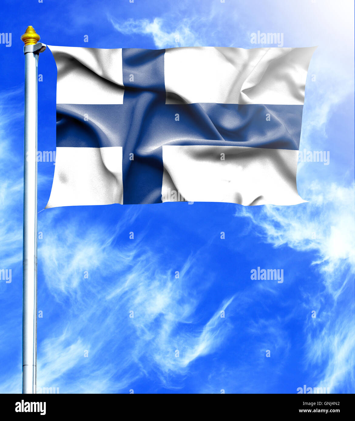 Blue sky and mast with hanged waving flag of Finland Stock Photo - Alamy