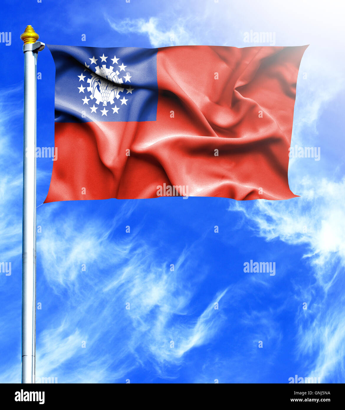 Blue sky and mast with hanged waving flag of Myanmar Stock Photo - Alamy