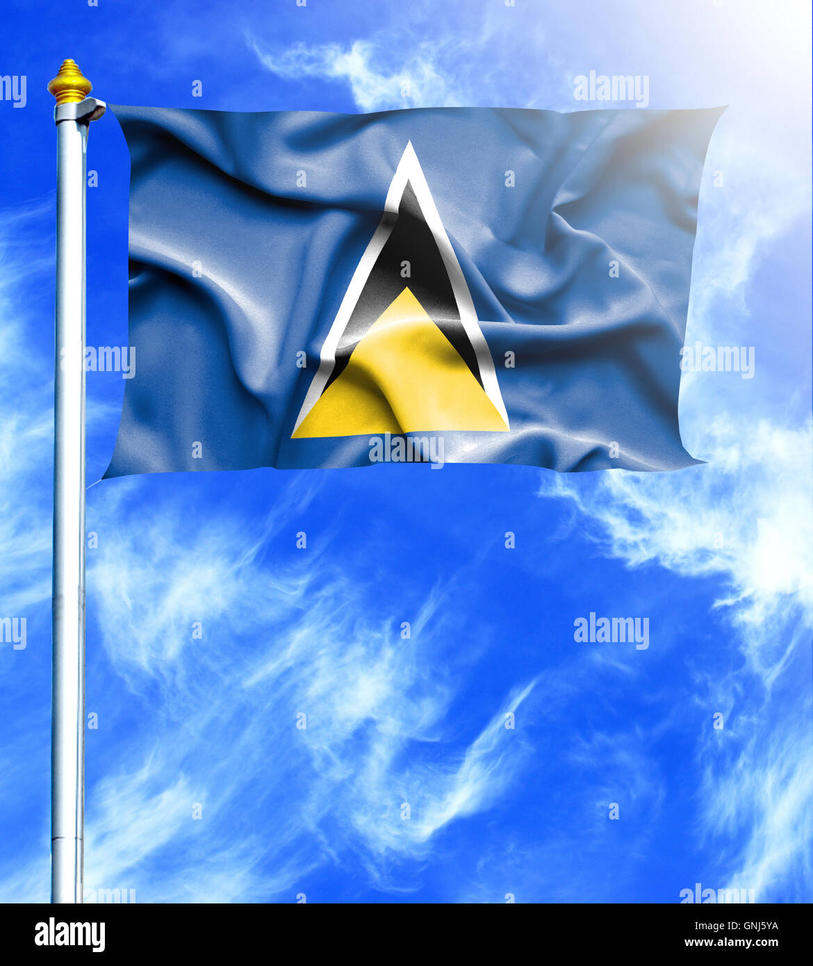 Blue sky and mast with hanged waving flag of Saint Lucia Stock Photo ...
