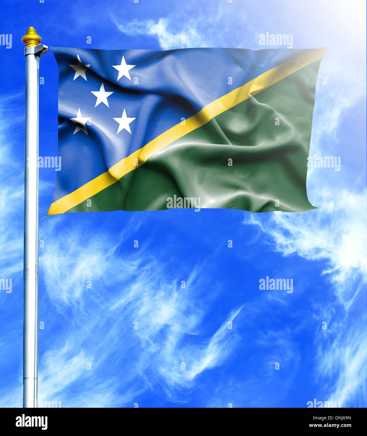 Blue sky and mast with hanged waving flag of Solomon Islands Stock ...