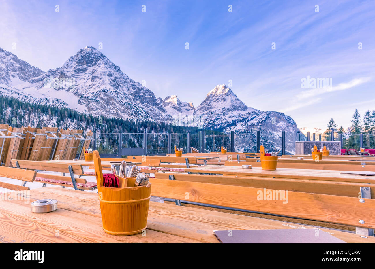 Outdoor restaurant in the mountains Stock Photo - Alamy