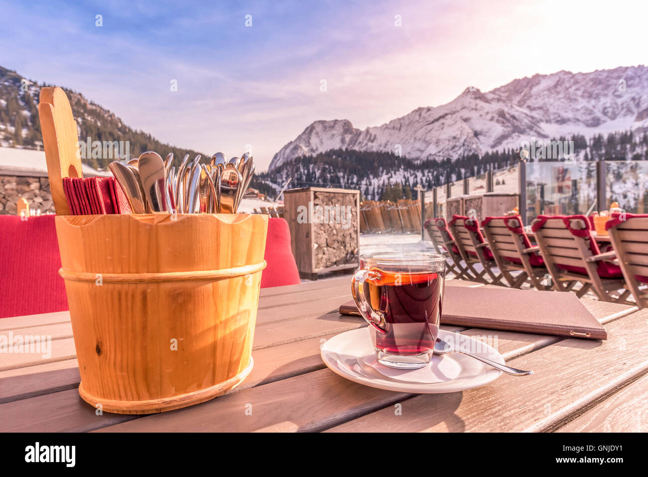 Outdoor table restaurant with cutlery and hot drink Stock Photo - Alamy