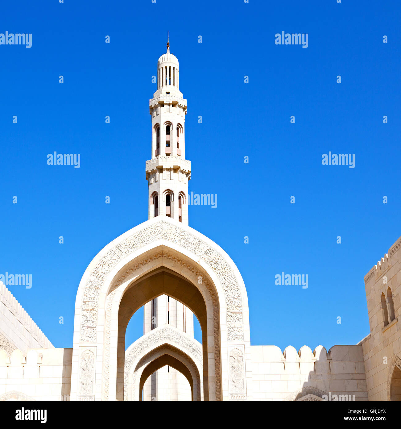 minaret and religion in clear sky in oman muscat the old mosque Stock ...