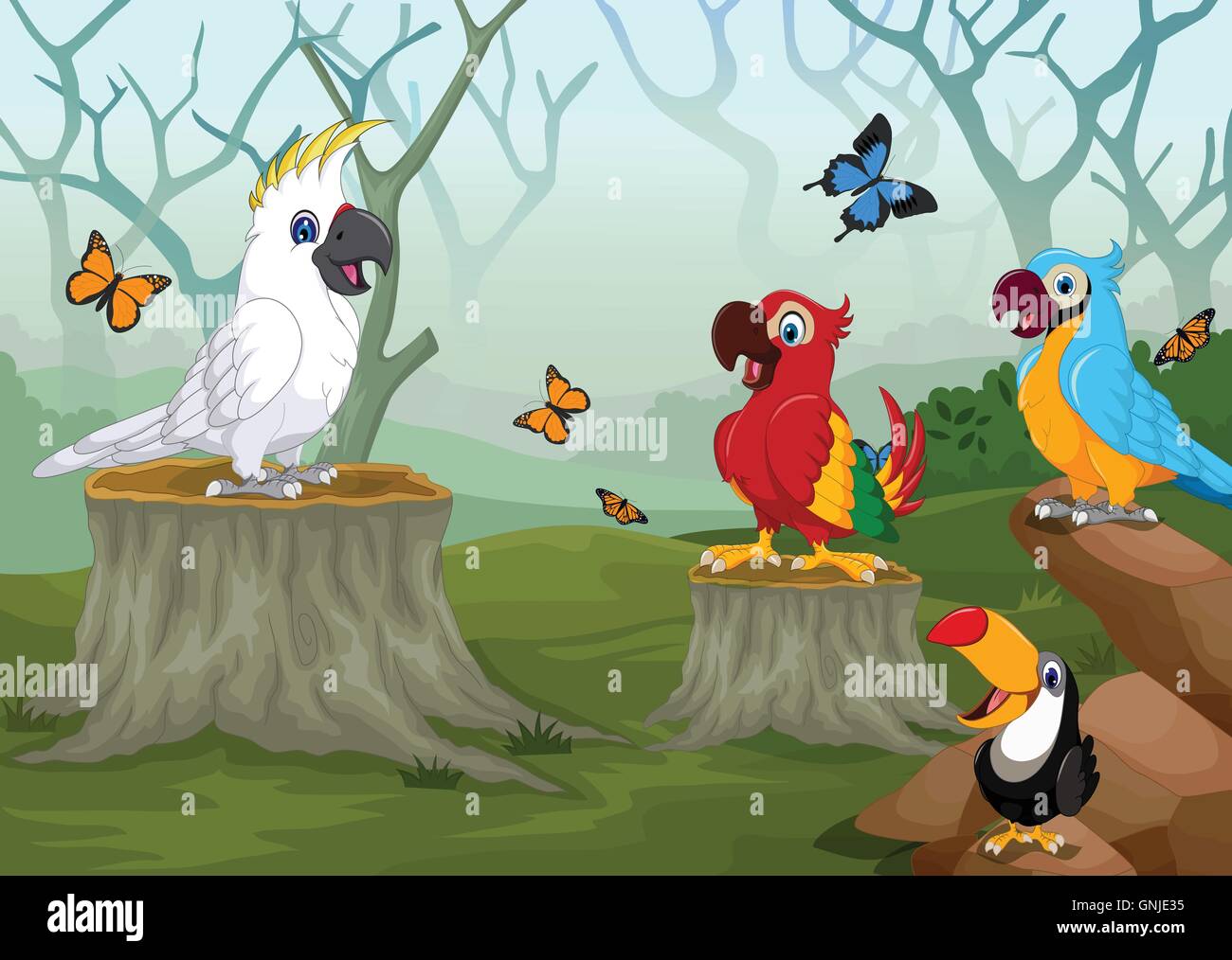 funny birds with deep forest landscape background Stock Vector Image ...