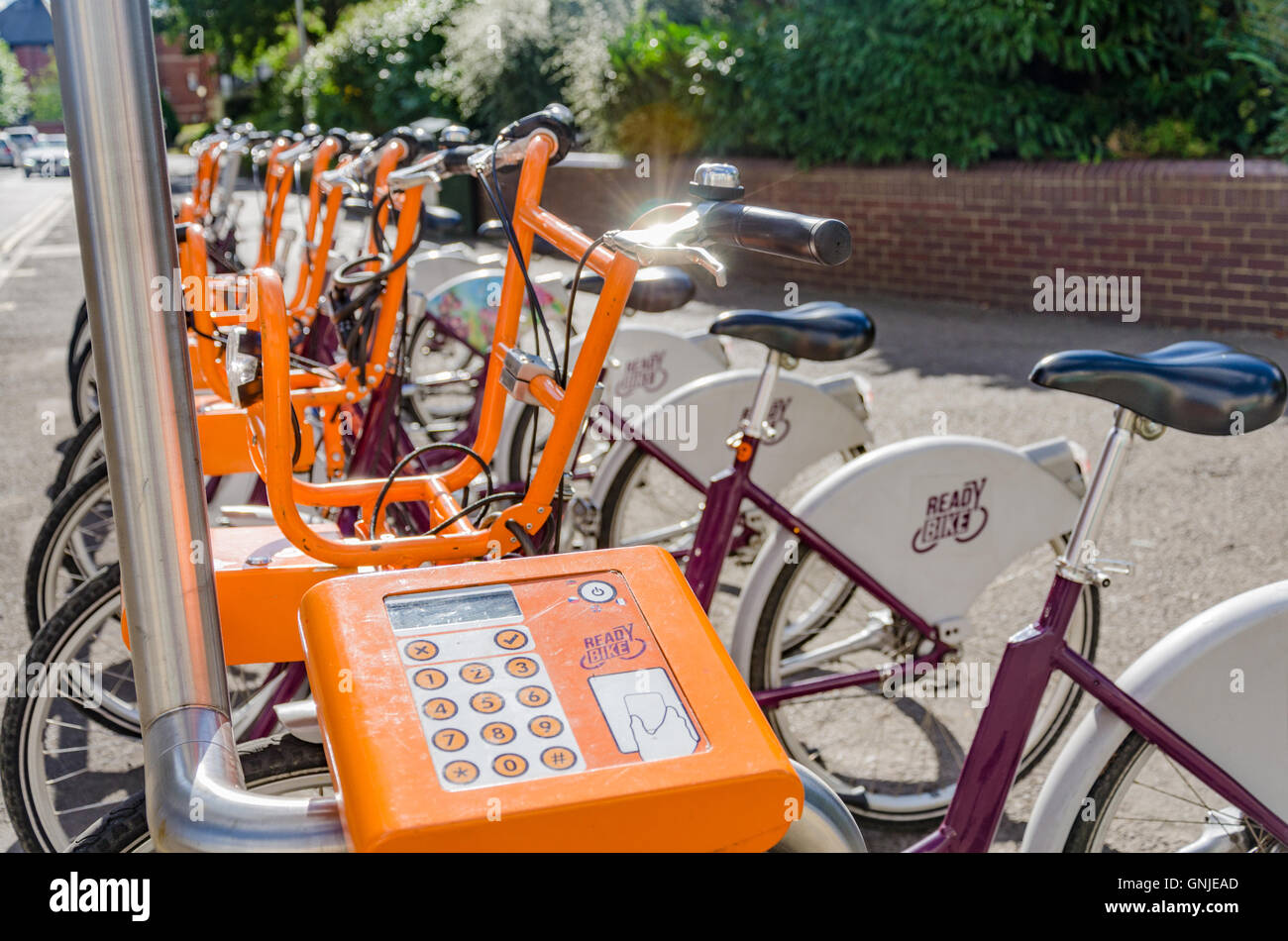 Readybikes for hire on Bridge Street in Reading, Berkshire Stock Photo ...