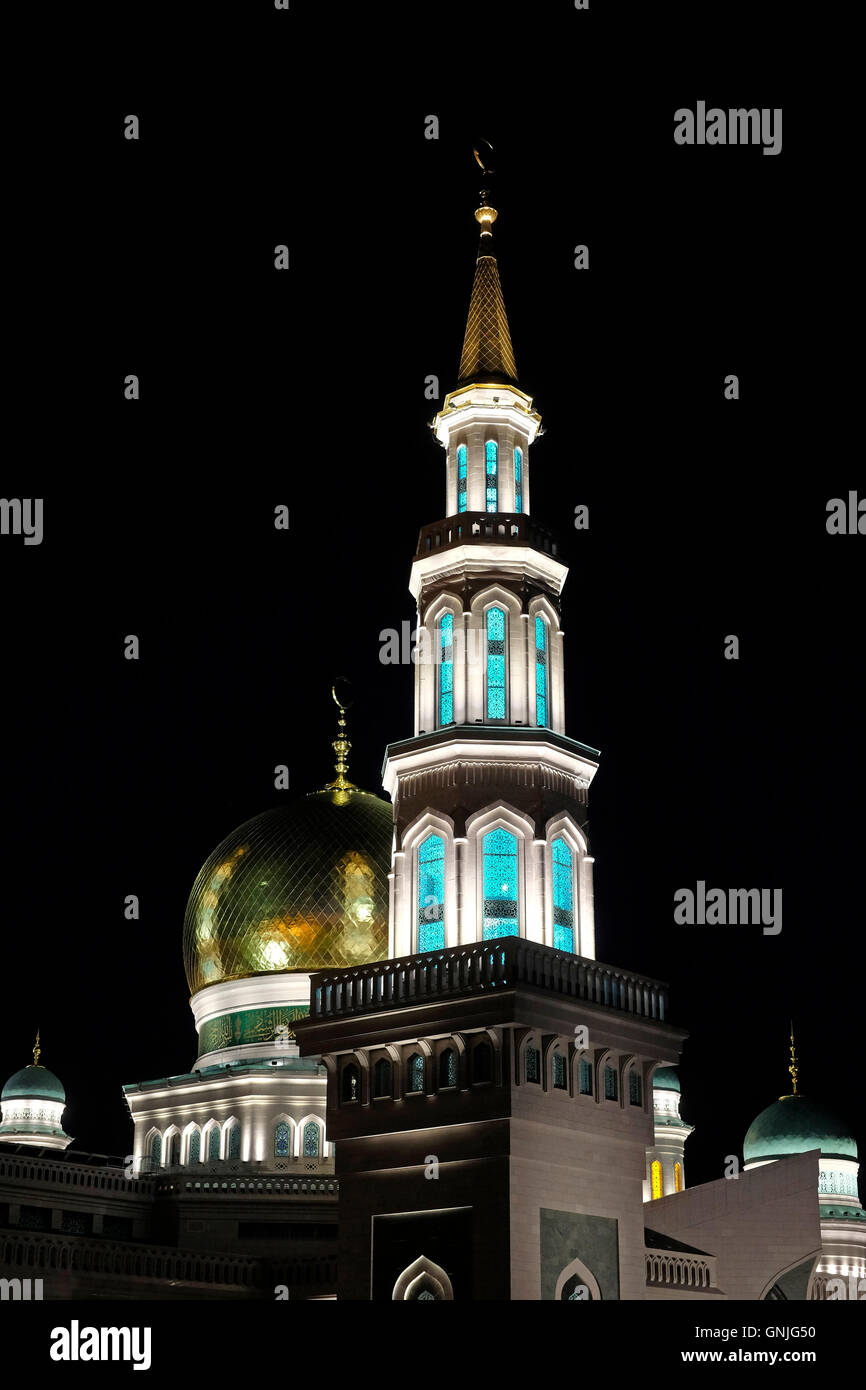 Exterior view at night of the restored Moscow Cathedral Mosque the main ...