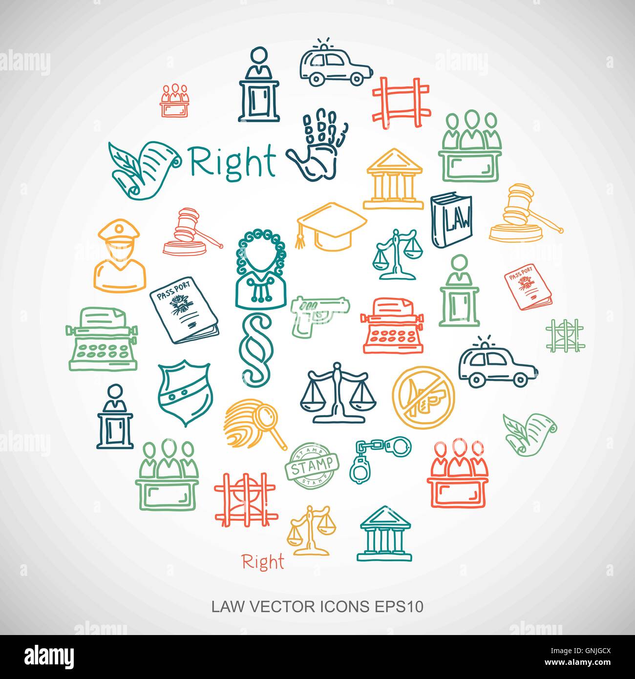 Multicolor doodles Hand Drawn Law Icons set on White. EPS10 vector ...