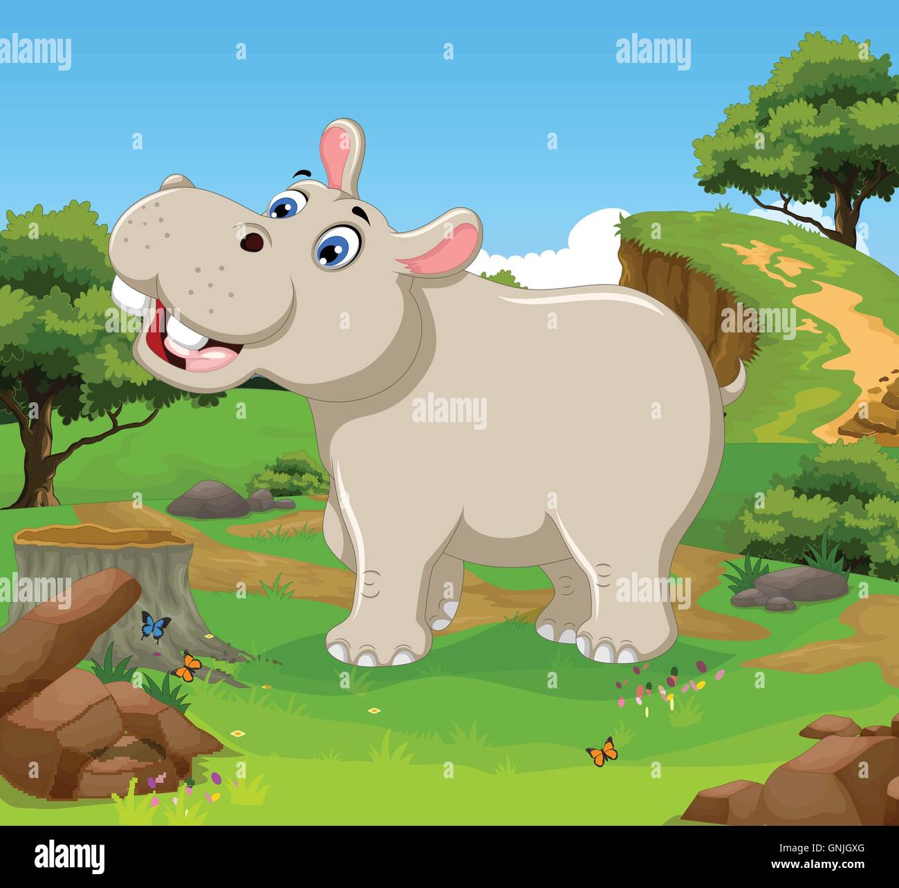 funny hippo cartoon in the jungle with landscape background Stock ...