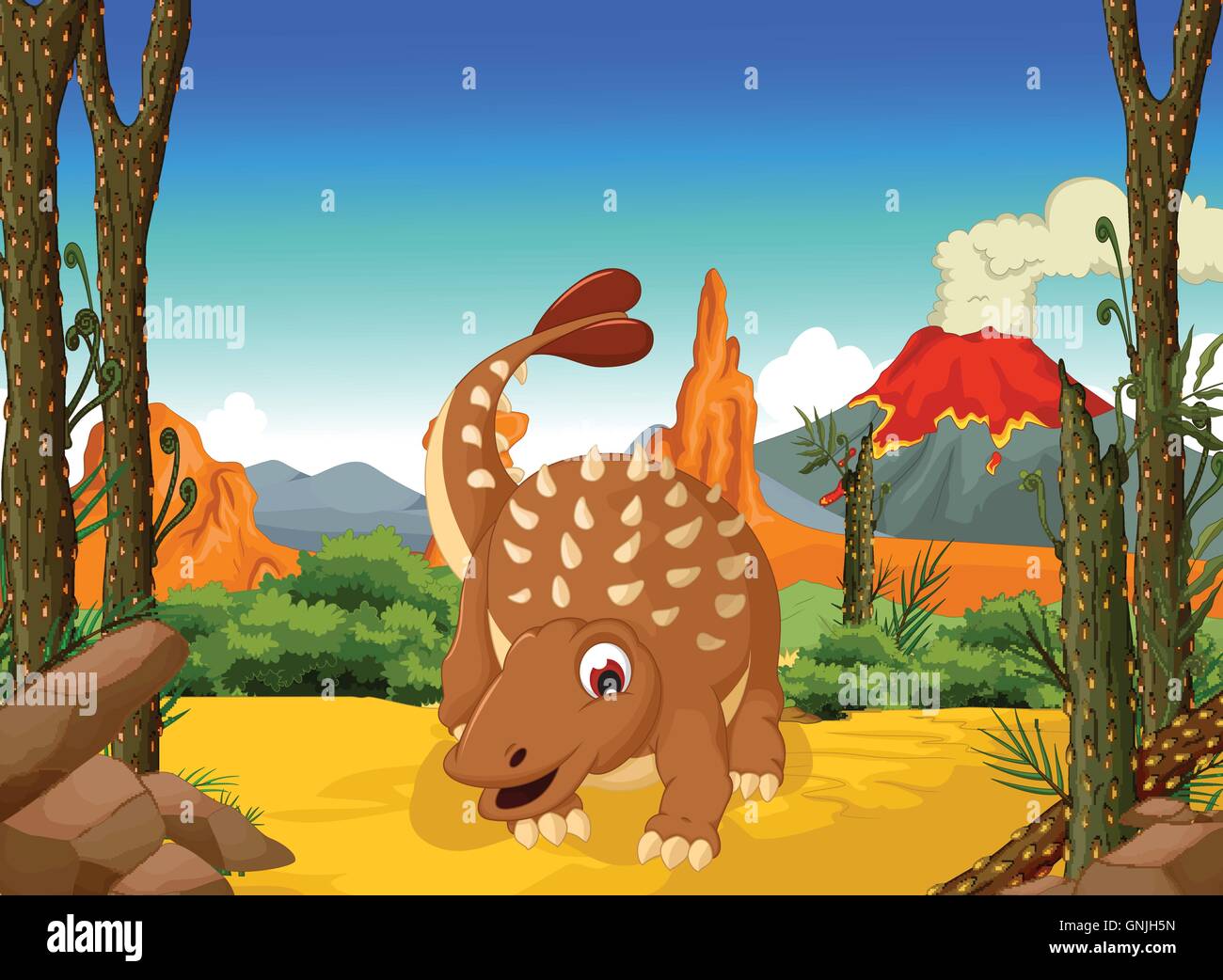 funny Ankylosaurus Dinosaur cartoon with volcano landscape background ...