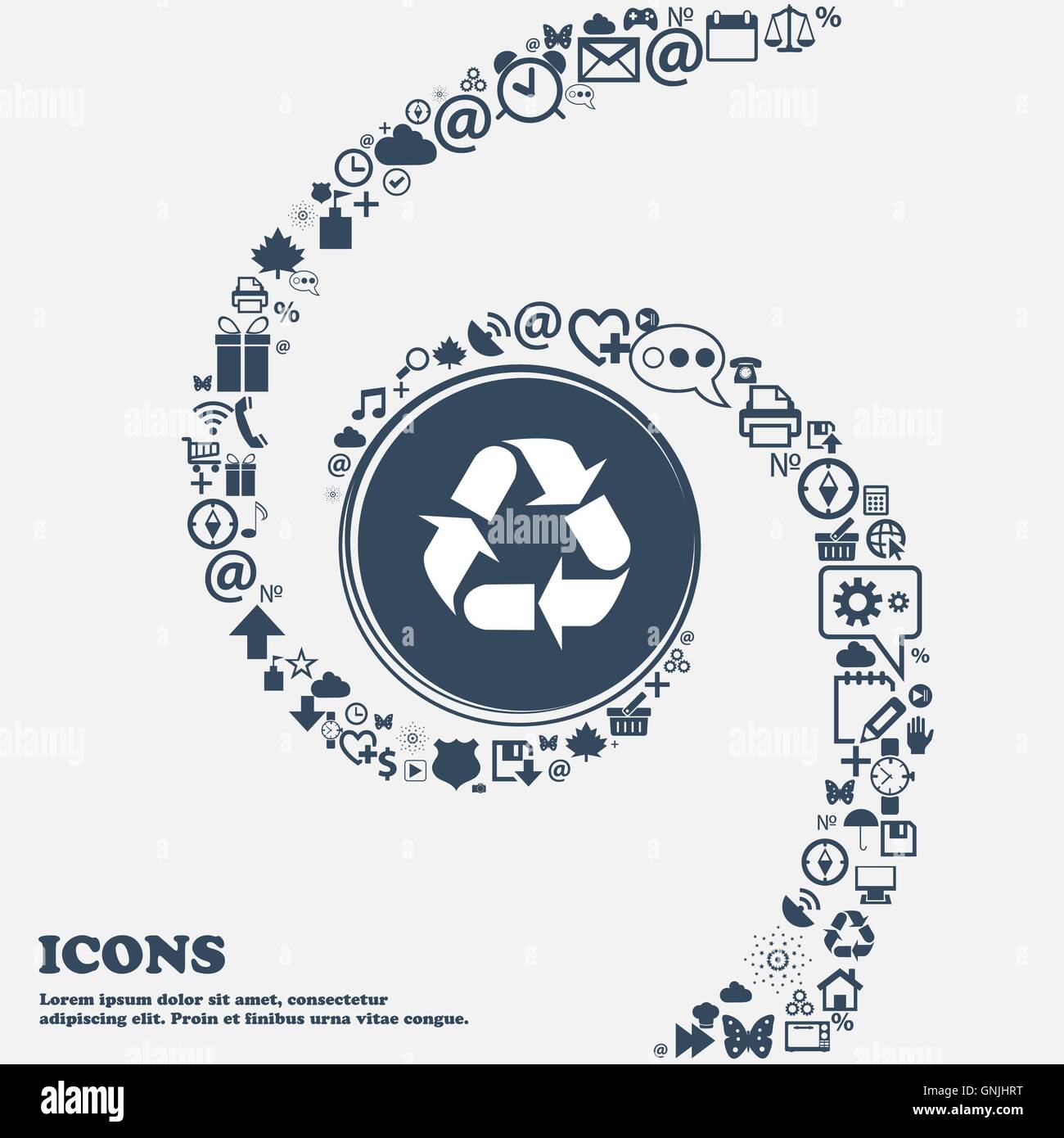 processing icon sign in the center. Around the many beautiful symbols ...