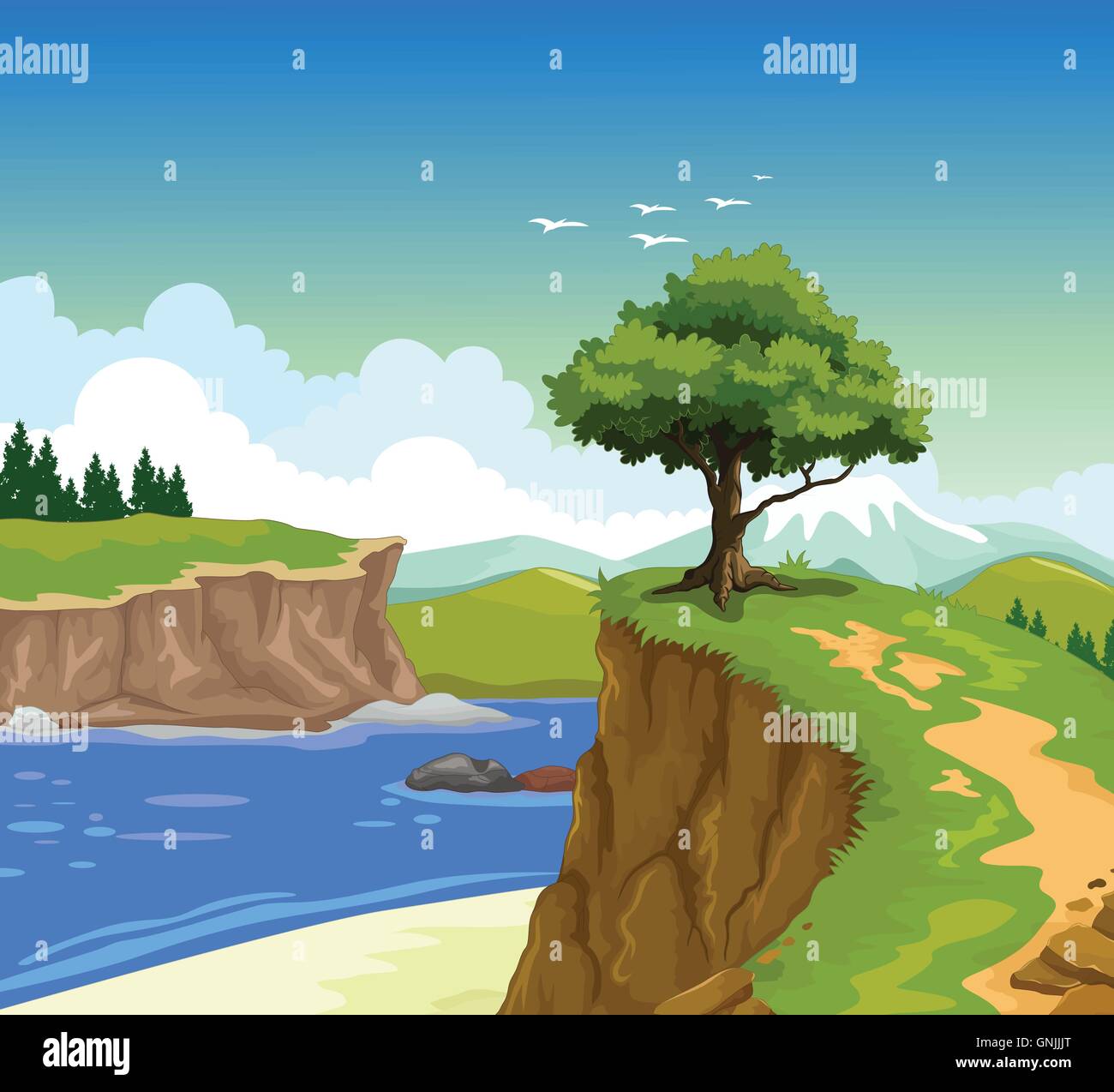 beauty mountain cliff with lake landscape background Stock Vector Image ...