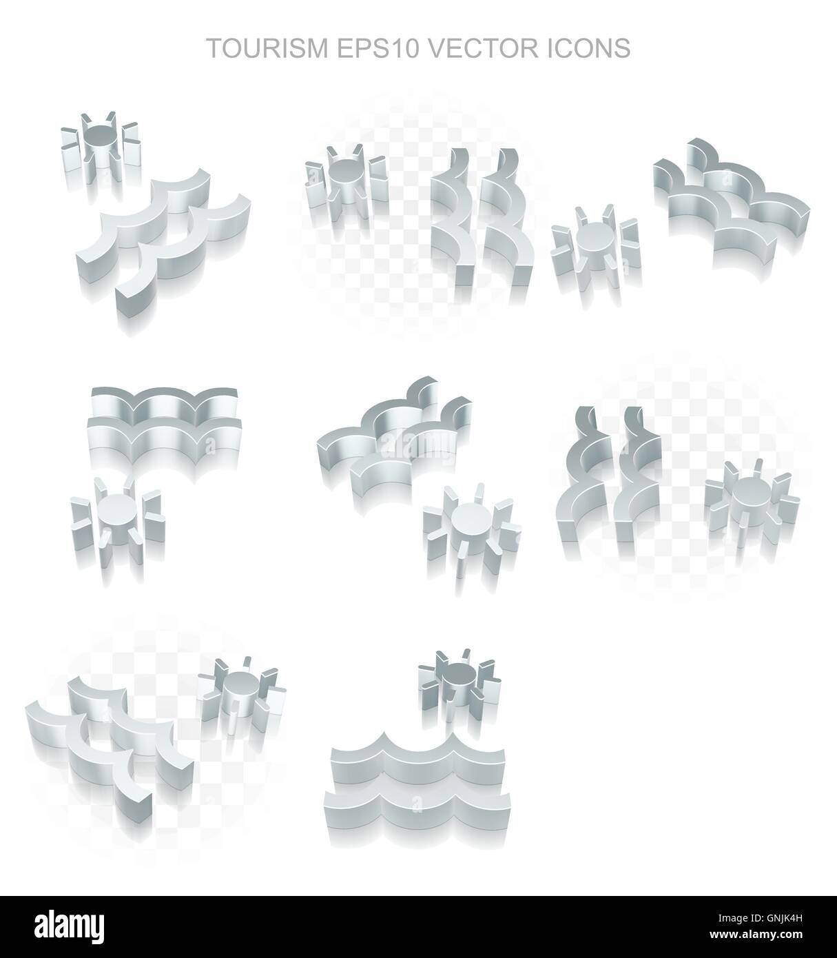 Vacation icons set: different views of metallic Beach, transparent ...
