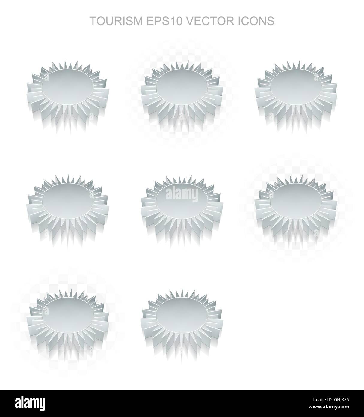 Vacation icons set: different views of metallic Sun, transparent shadow ...
