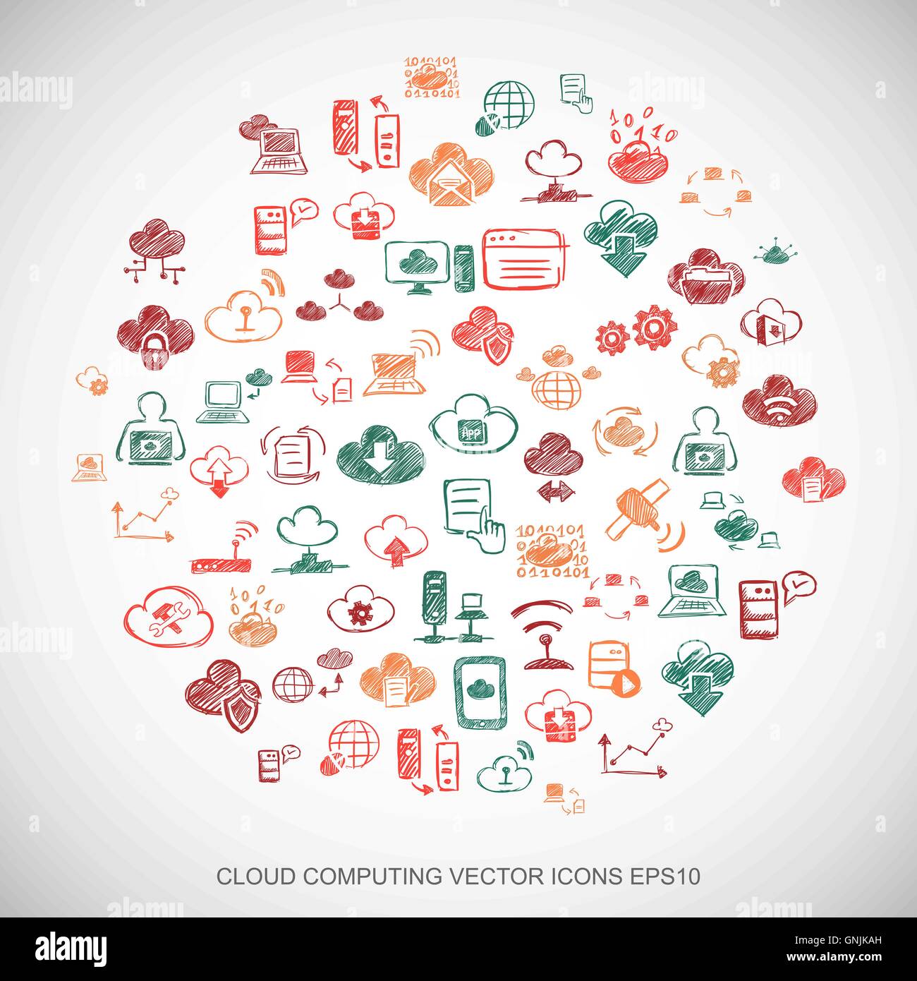 Multicolor doodles Hand Drawn Cloud Technology Icons set on White ...