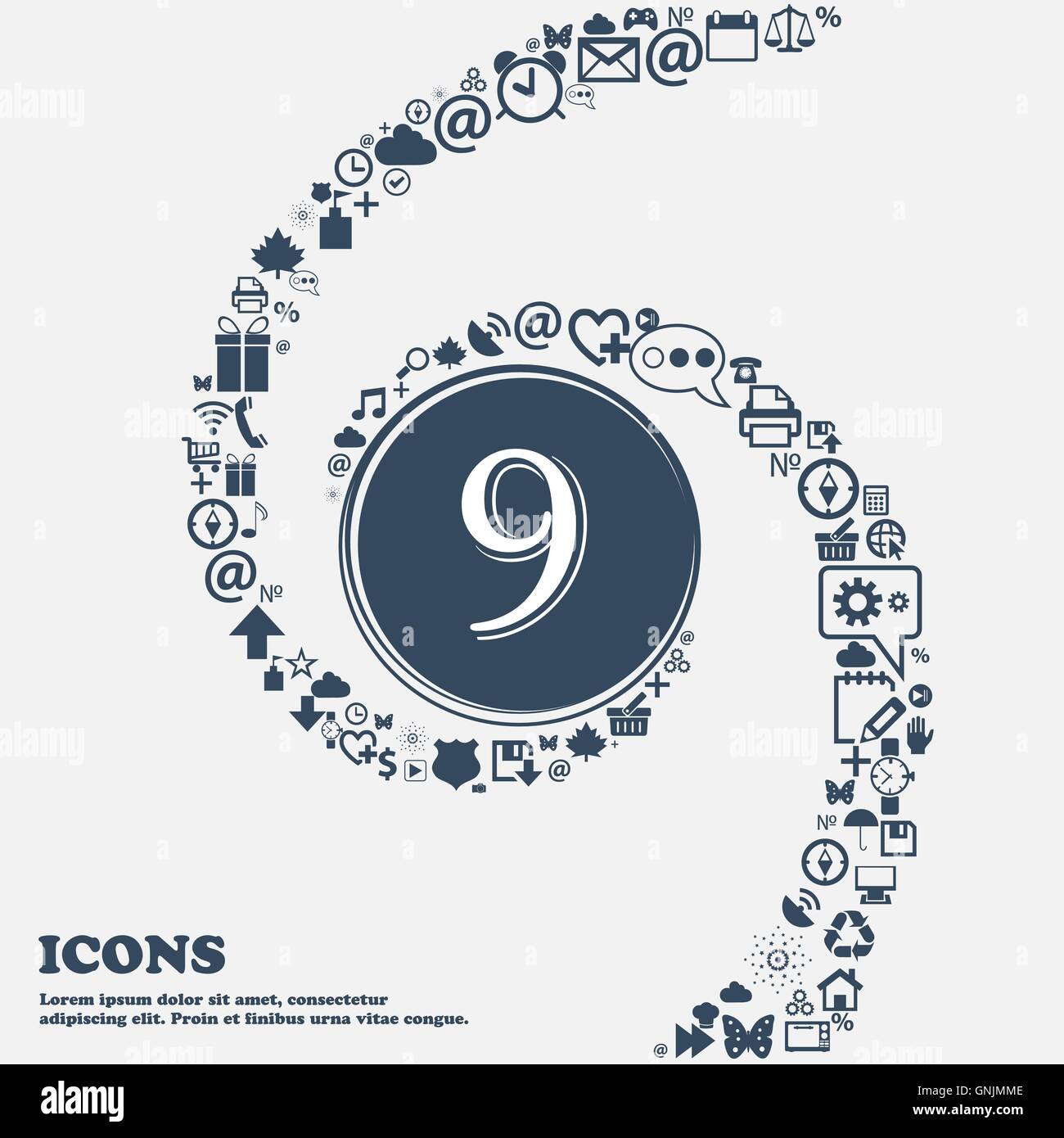 number Nine icon sign in the center. Around the many beautiful symbols ...