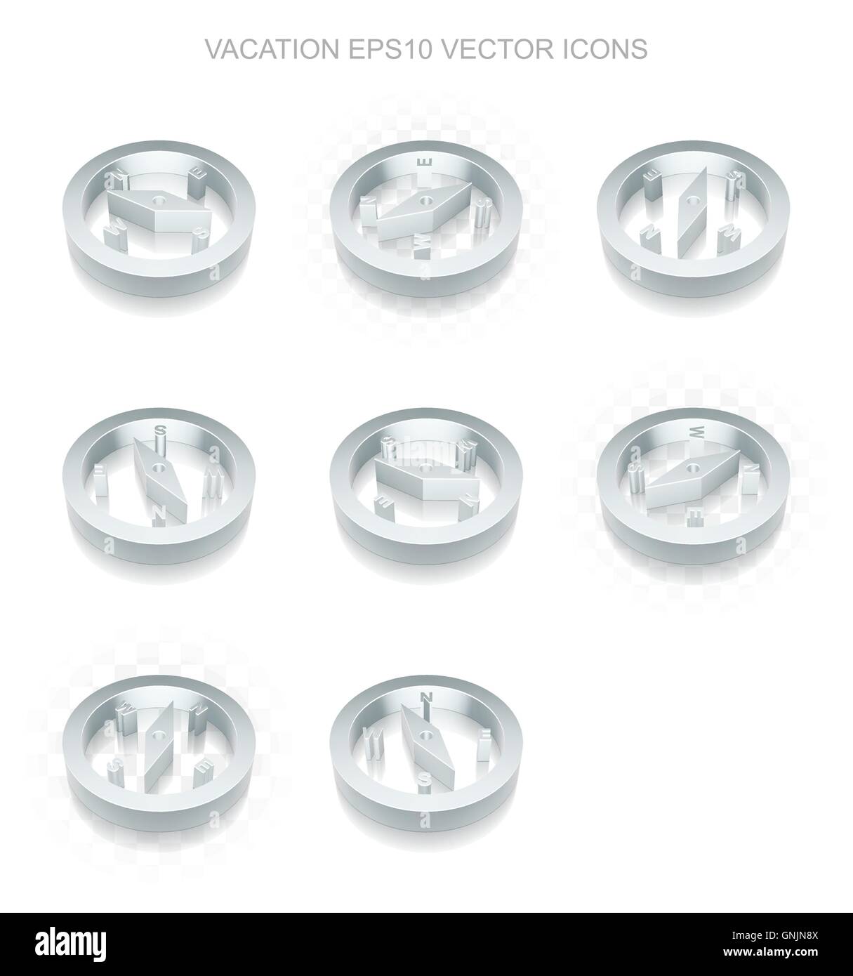 Tourism icons set: different views of metallic Compass, transparent shadow, EPS 10 vector Stock ...