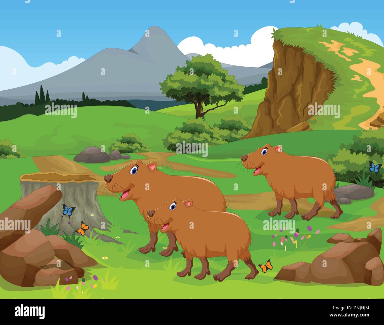 funny capybara cartoon in the jungle with landscape background Stock ...