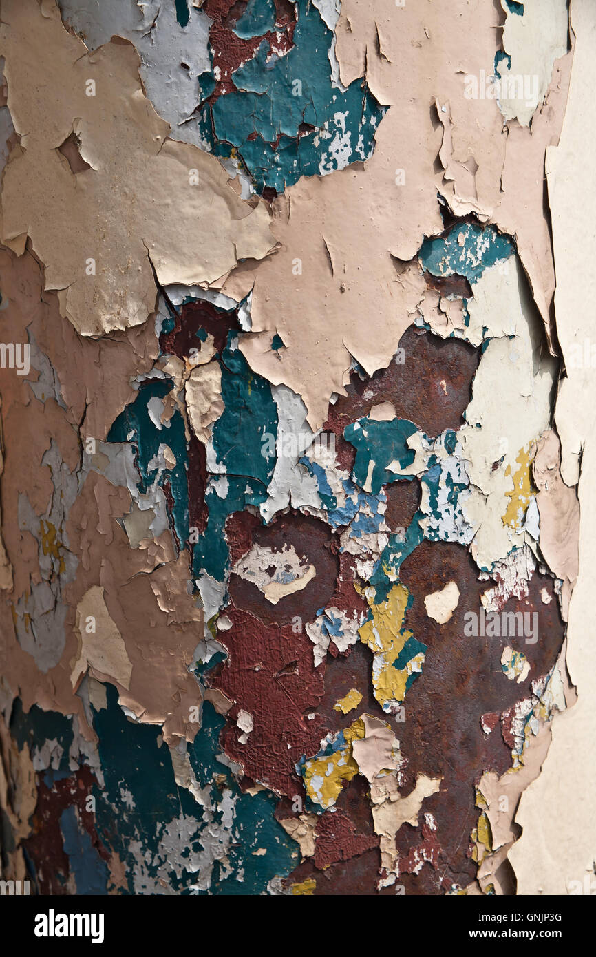 Peeling layers of different coloured paints on a column, Ipswich ...