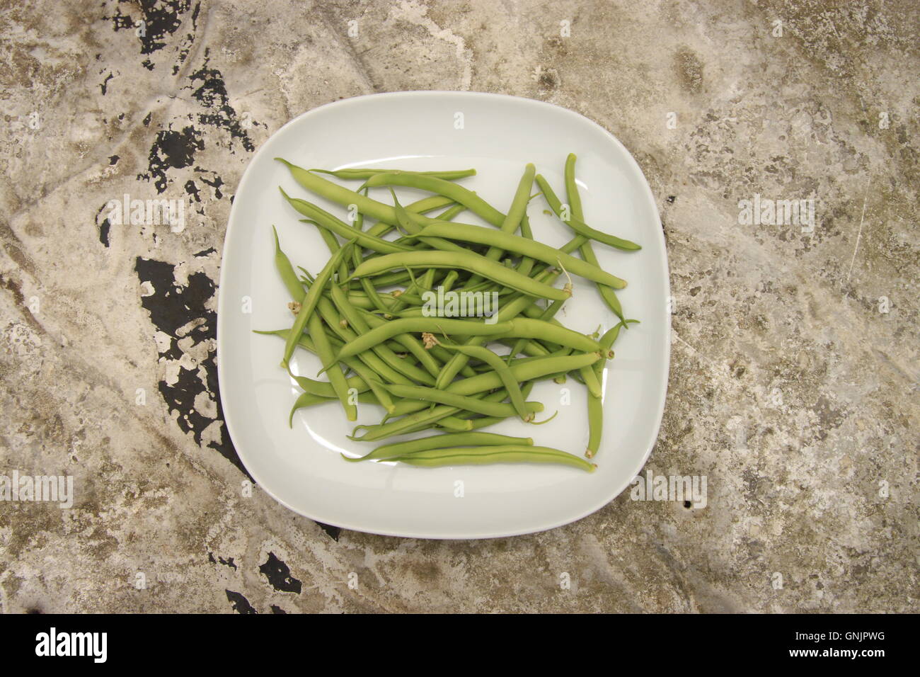Home grown green French beans on plate on metal garden table. Harvest ...