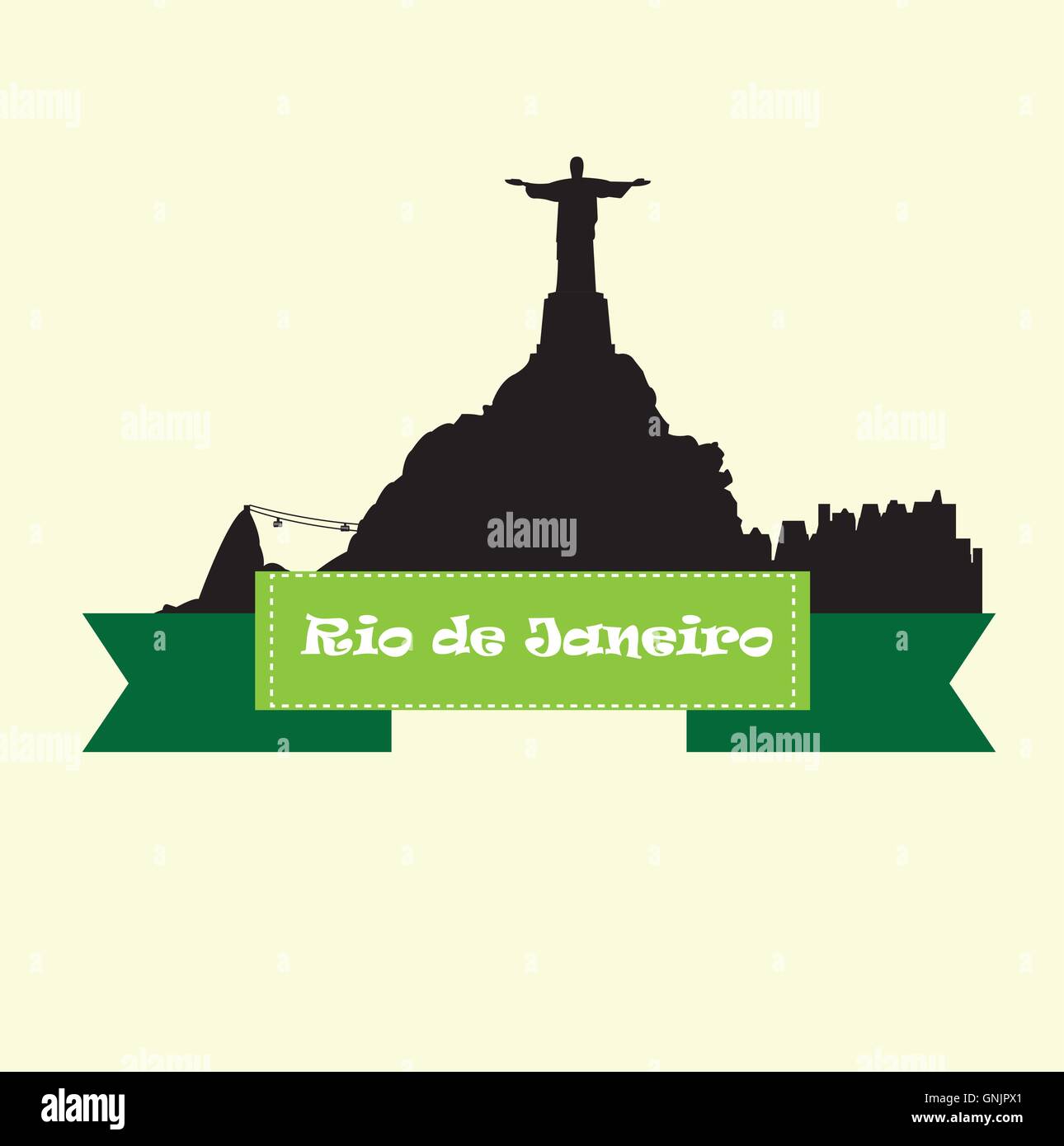 Isolated skyline of Rio de Janeiro with a ribbon with text on a white ...