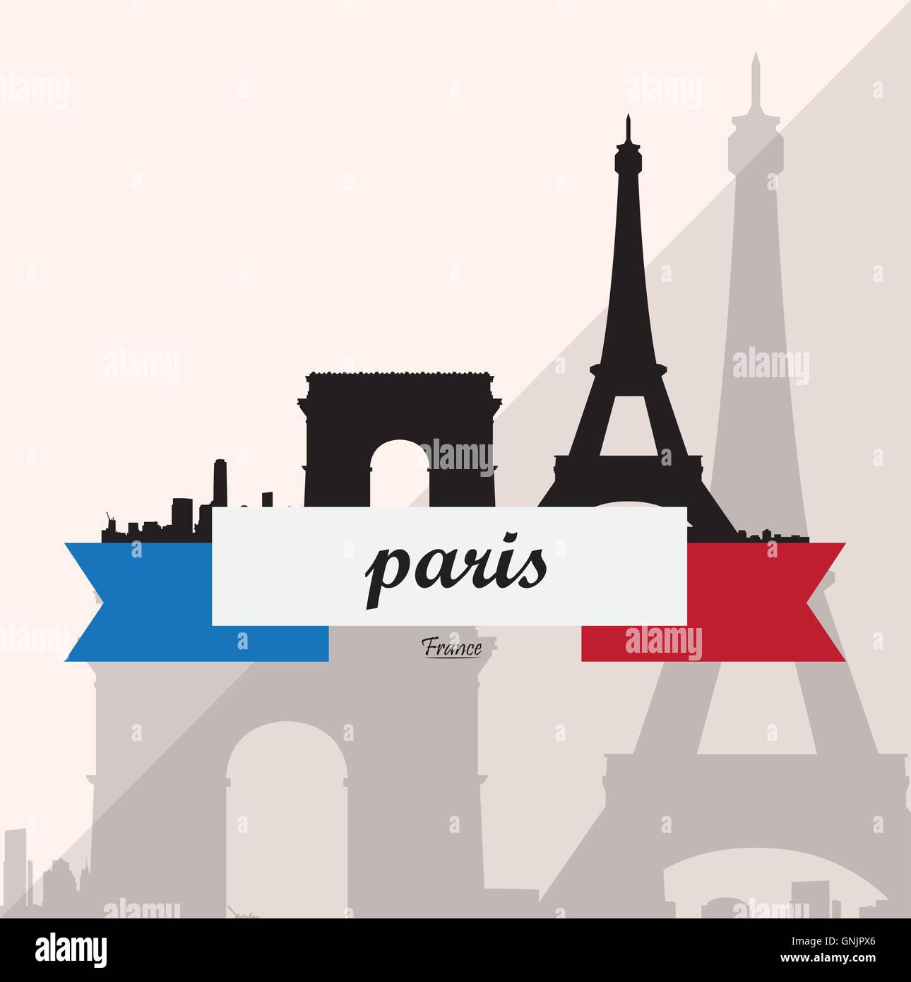 Isolated skyline of Paris with a ribbon with text on a colored ...