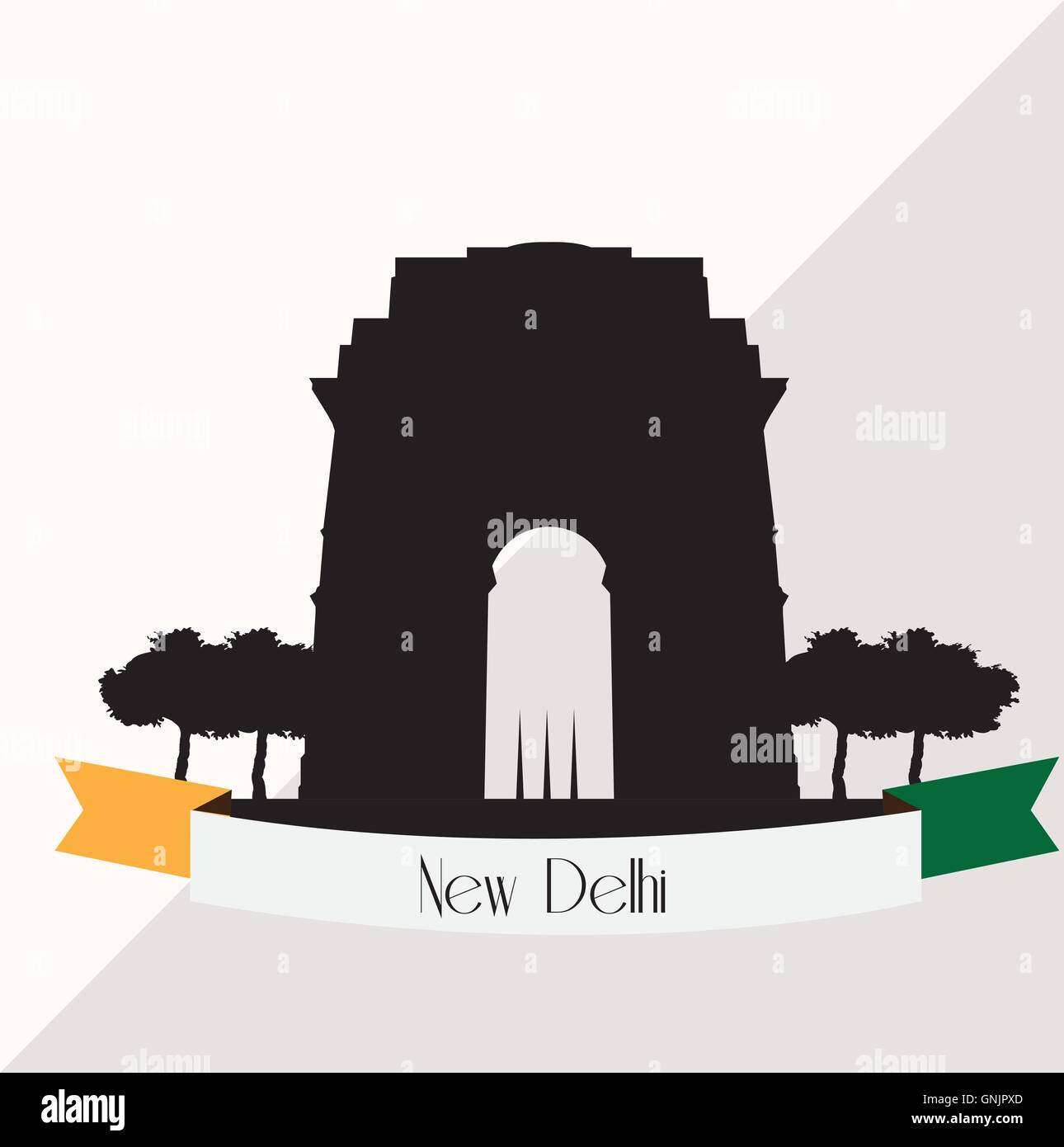 Isolated skyline of New Delhi with a ribbon with text on a colored ...