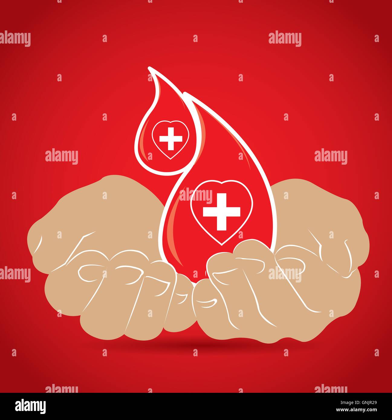 Isolated pair of hands holding a pair of blood drops on a red ...