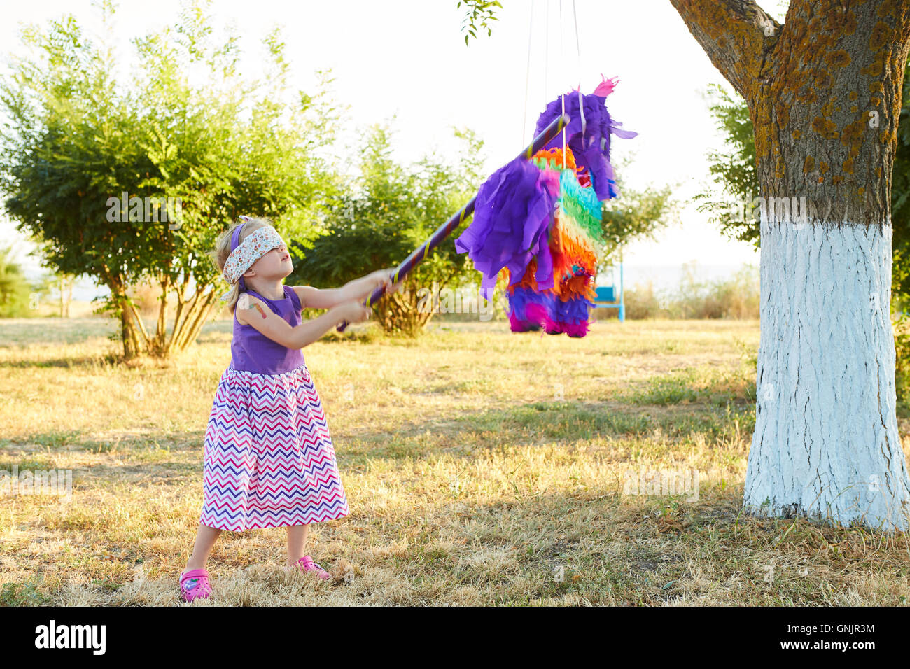 Young girl at an outdoor party hitting a pinata Stock Photo - Alamy