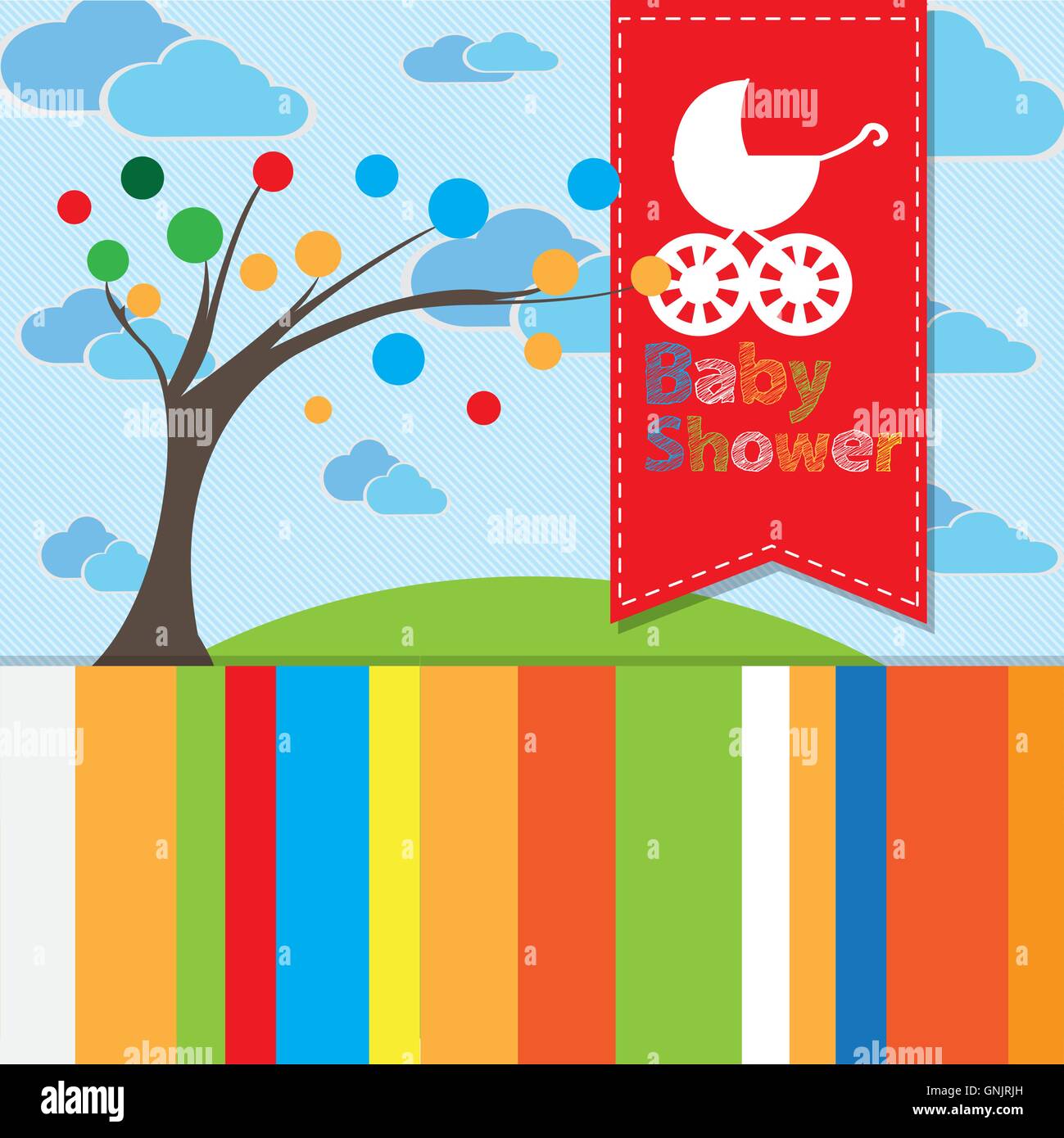 Colored background with an abstract tree, clouds and a banner with a ...