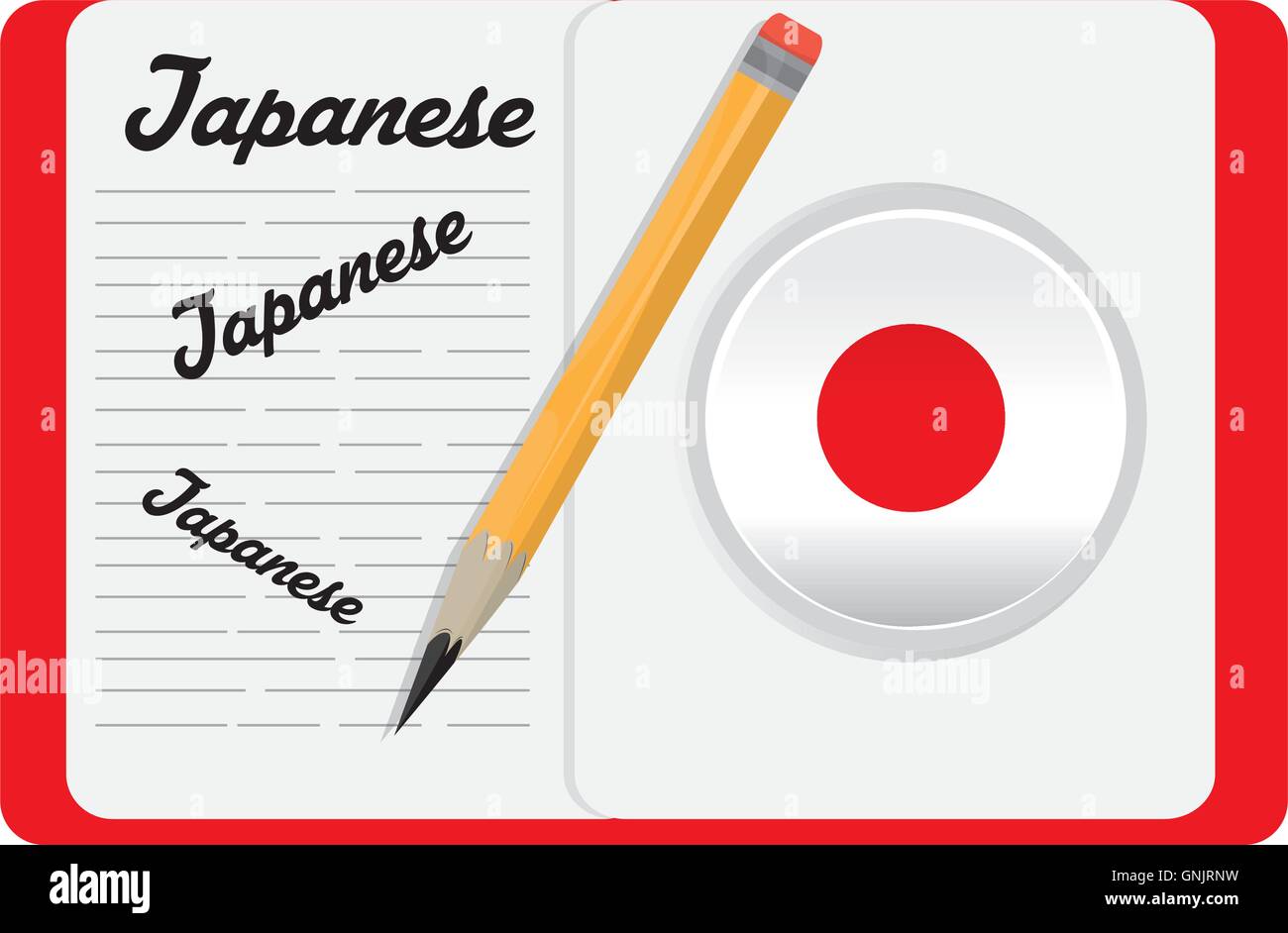 Isolated dictionary with text, a pencil and a japanese flag on a white ...