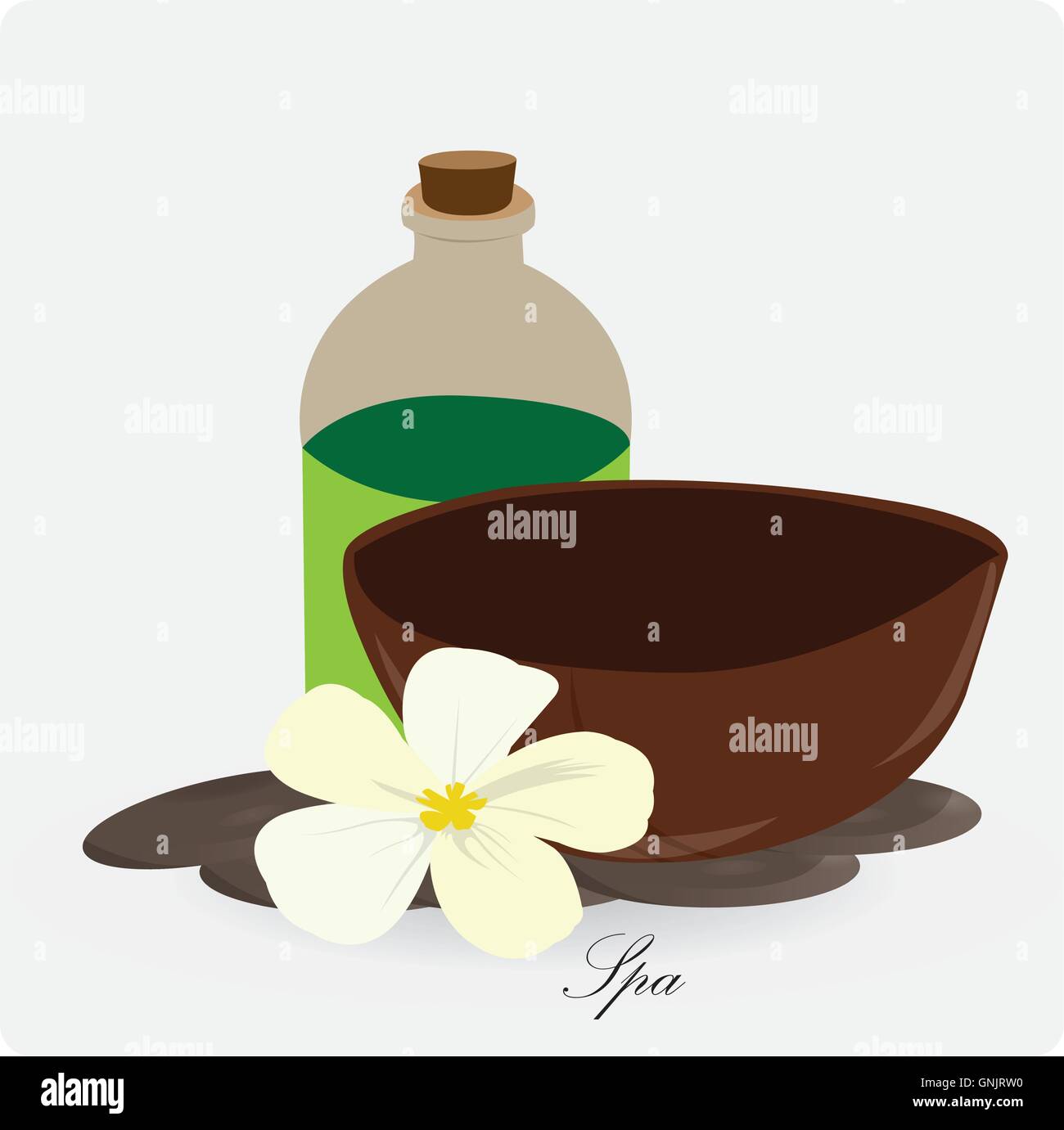 Isolated flask of a lotion with a flower and stones on a white ...