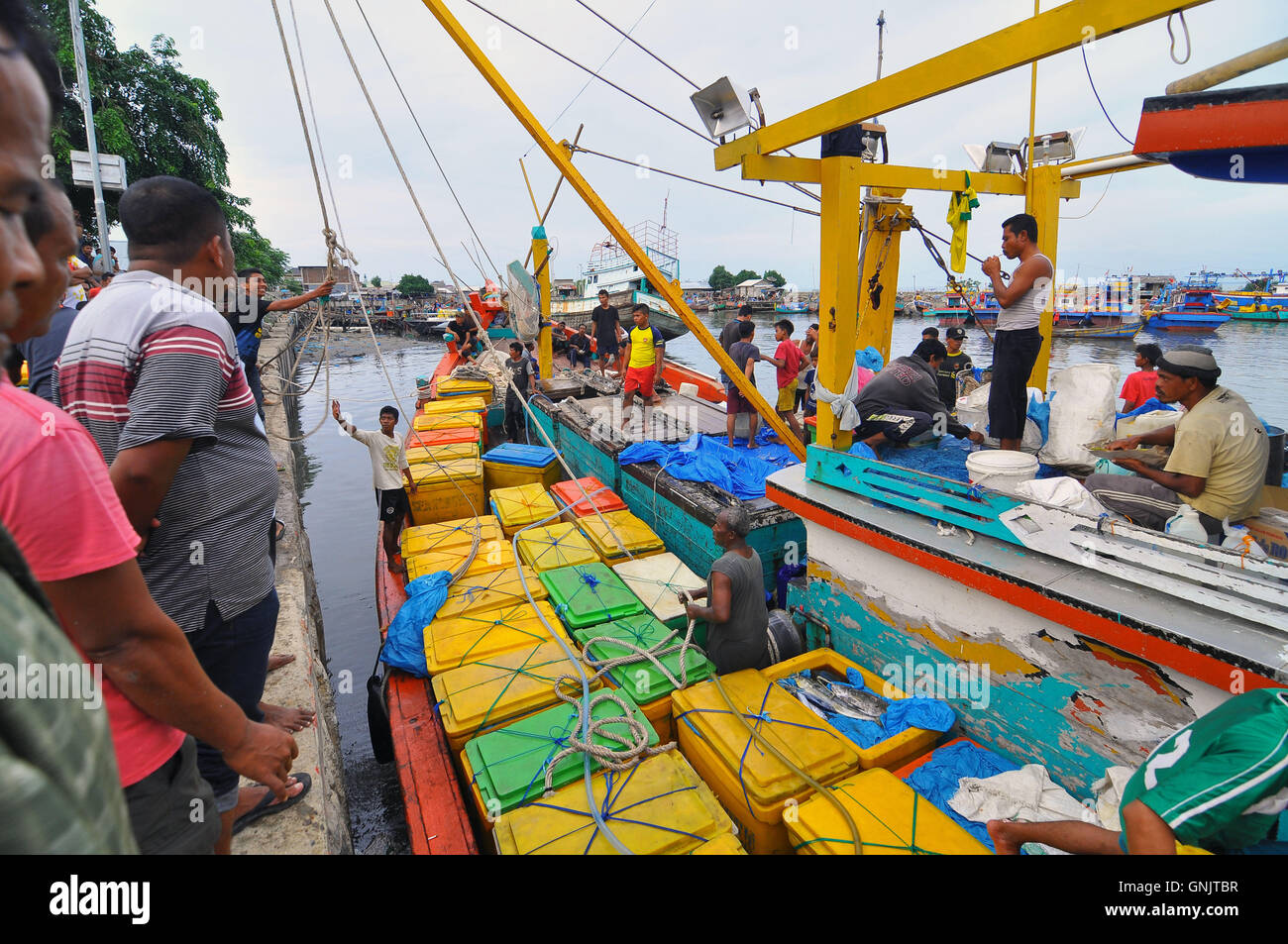 Lhouksemawe, Indonesia. 30th Aug, 2016. Fishermen move the fish from ...