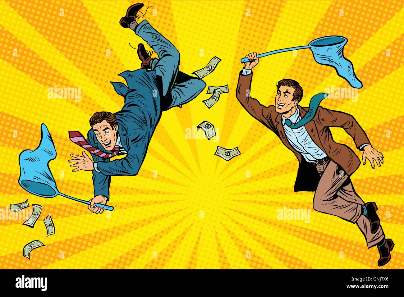 Competition, two businessmen catching money with a butterfly net Stock ...