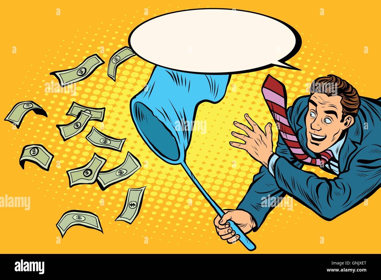 Businessman catching money with a butterfly net and said Stock Vector ...