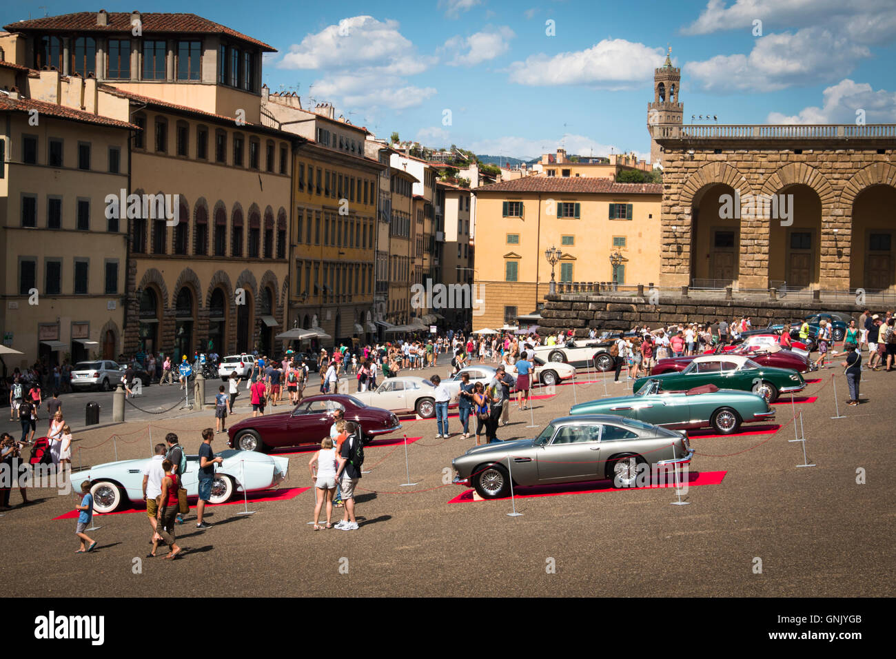 FLORENCE, ITALY - JULY 2016: Exhibition of vingtage cars on piazza dei ...