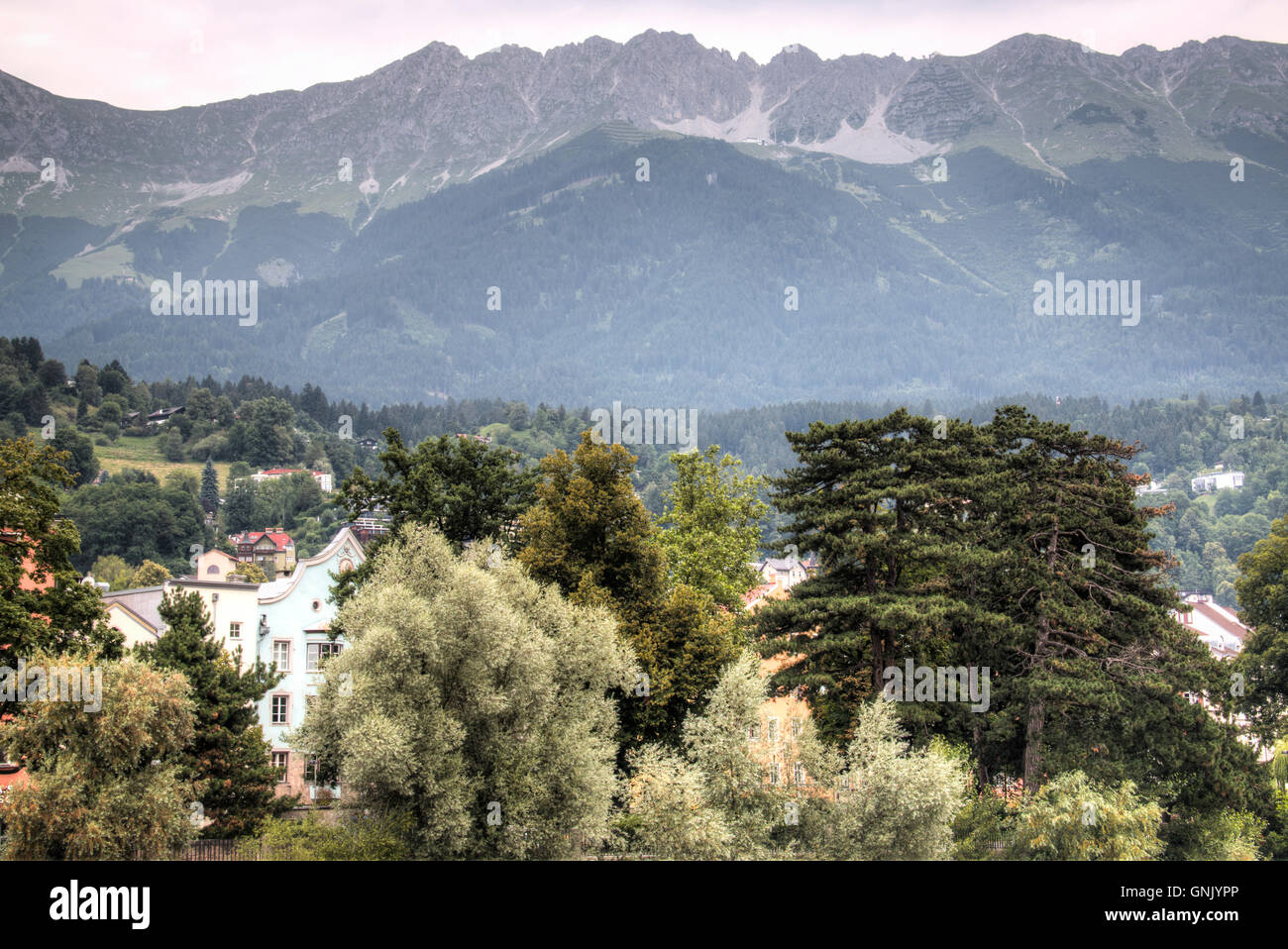 Facades of houses in the typical Austrian building style in Innsbruck ...