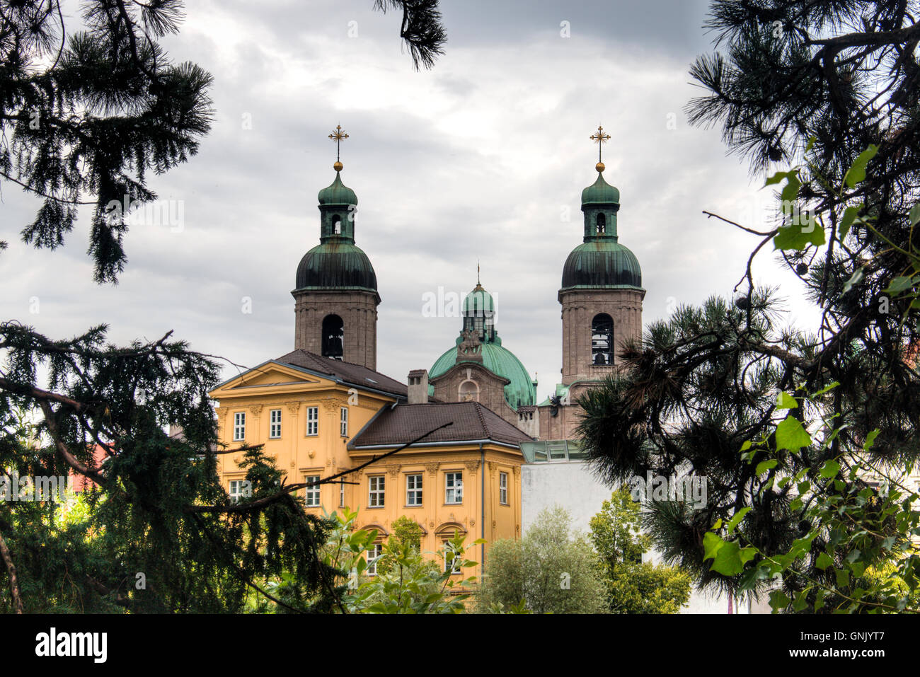 Facades of houses in the typical Austrian building style in Innsbruck ...