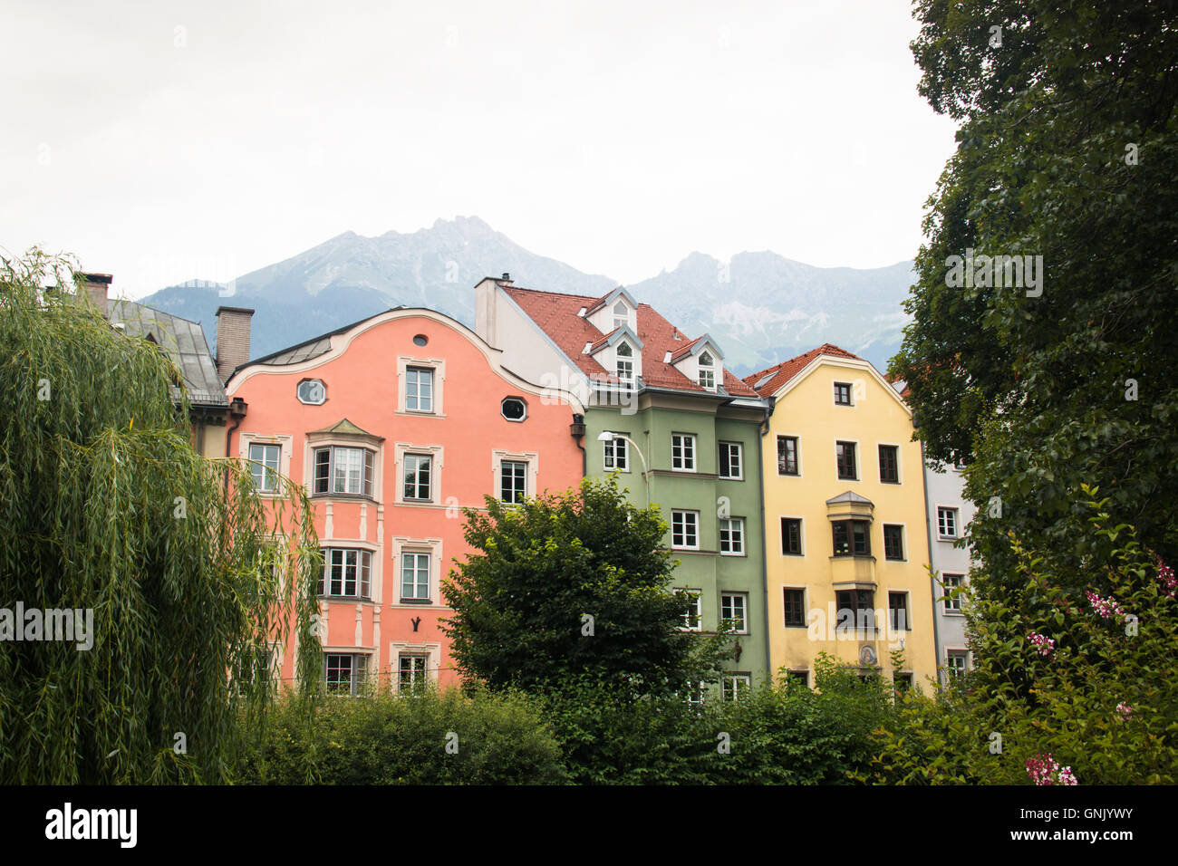 Facades of houses in the typical Austrian building style in Innsbruck ...