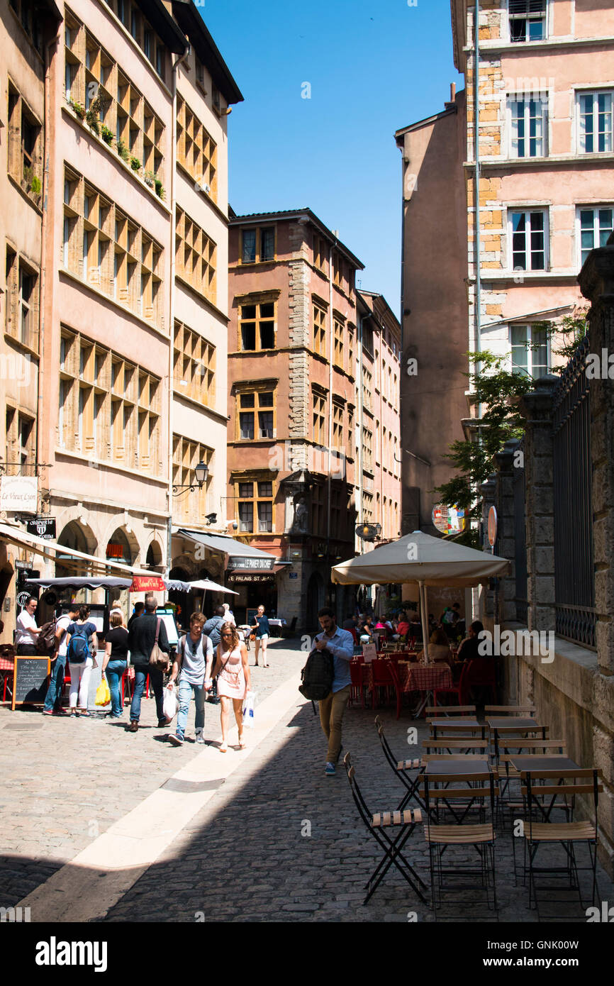 LYON, FRANCE - JULY 2016: People walking in a cosy street with bars in ...