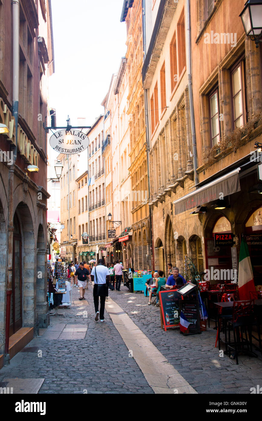 LYON, FRANCE - JULY 2016: People walking in a cosy street with bars in ...
