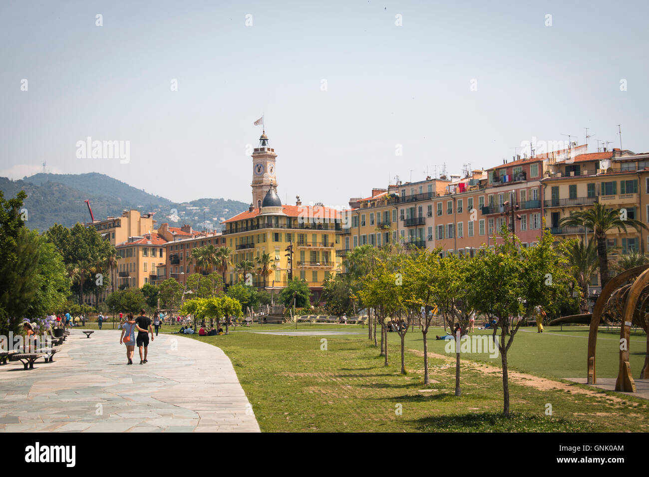 NICE, FRANCE - JULY 2016: People walking on the main square of Nice in ...